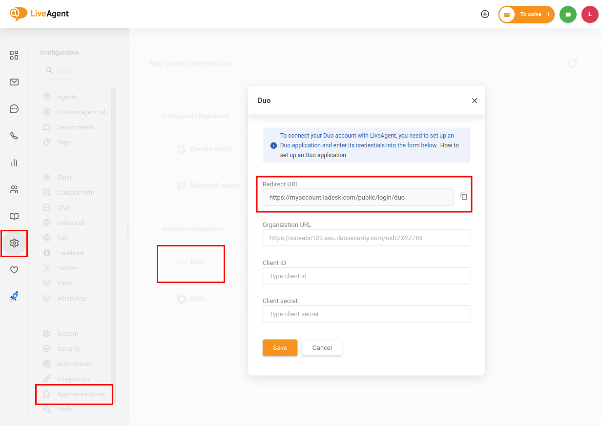 Integrating Duo application with LiveAgent