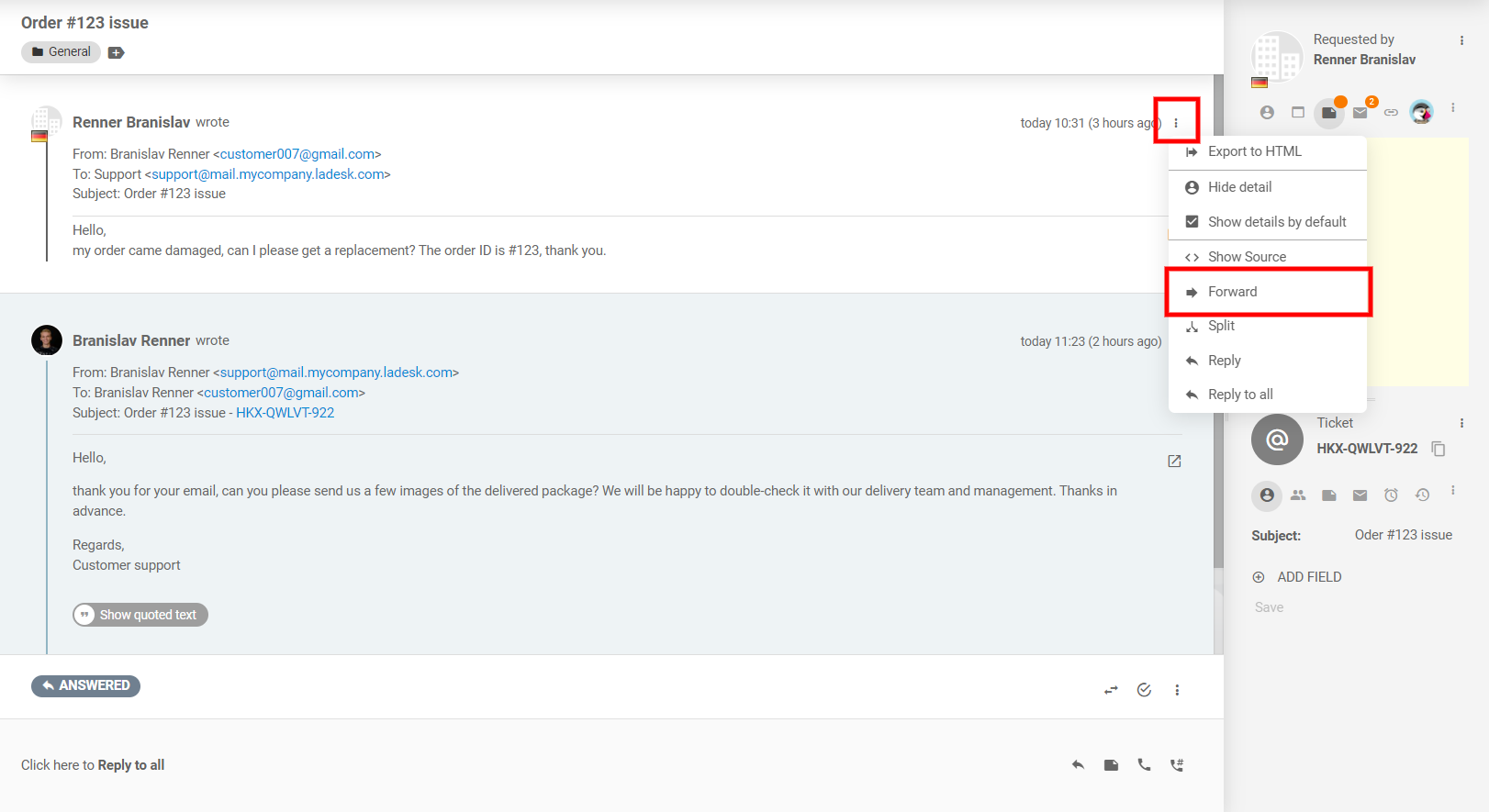 Forward ticket action
